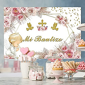 5x3ft Mi Bautizo Backdrop for Girl Baptism Gold Bless Background Boho Pink Flower Golden Dots Photography Baby Shower Banner Party Decorations Floral Newborn Photo Booth Props Supplies