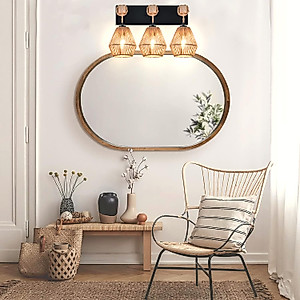 ILLMTW 3-Light Bathroom Vanity Lights Over Mirror,Farmhouse Wood Vanity Light Fixtures for Bathroom,Boho Rustic Adjustable Color with Woven Rattan Wicker Wall Sconces for Hallway Bedroom Living Room