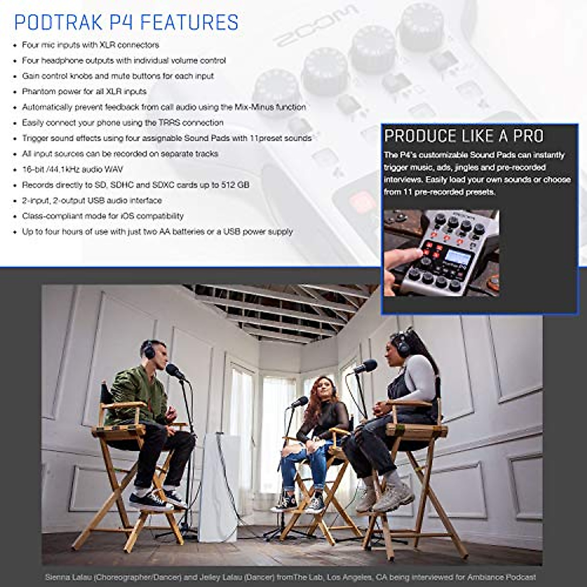 Zoom PodTrak P4 Portable Multitrack Podcast Recorder + 64GB Ultra SDXC Memory Card + 4X AA Batteries & Charger + Cleaning Cloth – Ultimate Podcasting Bundle