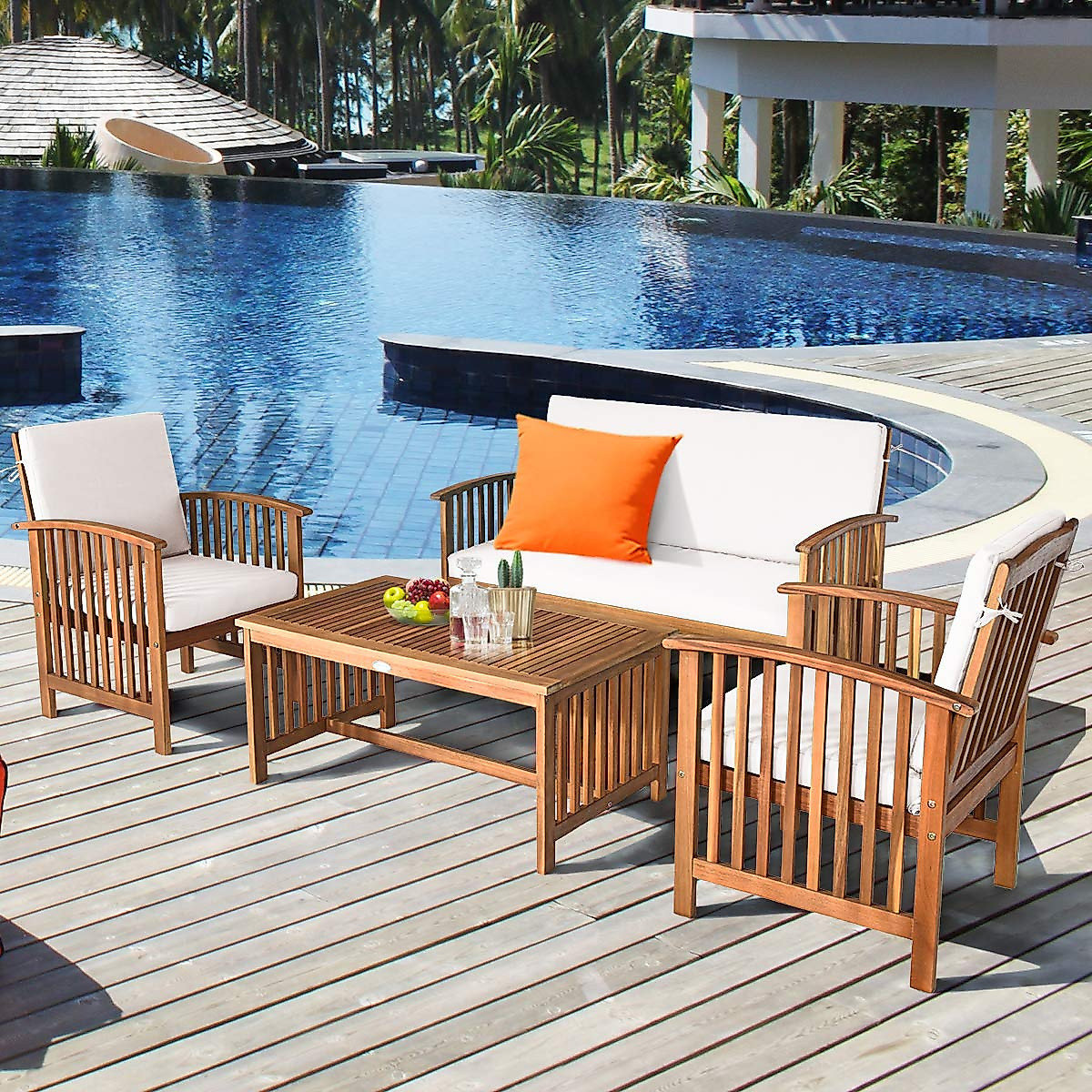 Tangkula Outdoor 4 Pcs Acacia Wood Sofa Set w/Water Resistant Cushions, Padded Patio Seating Chat Set w/Coffee Table for Garden, Backyard, Poolside (1, White)