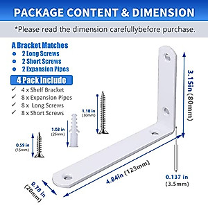 4 Pcs Shelf Bracket,5 Inch White Floating Shelf Bracket Heavy Duty Meta Walll L Bracket for Floating Shelf Bracket - Wall Mounted Support for DIY with Screws