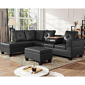 AWQM Upholstered Sectional Sofa w/Chaise Lounge, Modern L Shaped Sofa Couch with Storage Ottoman Bench, PU Leather Sectional Couches with Cup Holder for Living Room Small Space