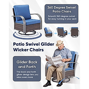 HUMMUH Patio Swivel Glider Outdoor Chair-All Weather Rattan Wicker Patio Swivel Rocking Chairs Porch Chair for Deck Porch Lawn Garden Backyard-Brown/Blue