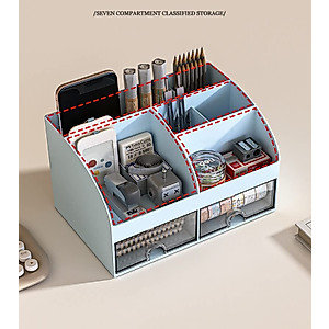 Office Desktop Organizer Box With Different Grids Sorting Storage Box Orderly And Tidy Stationery Organizer Box For Books Paper Clips Pens Office Supplies (Blue)