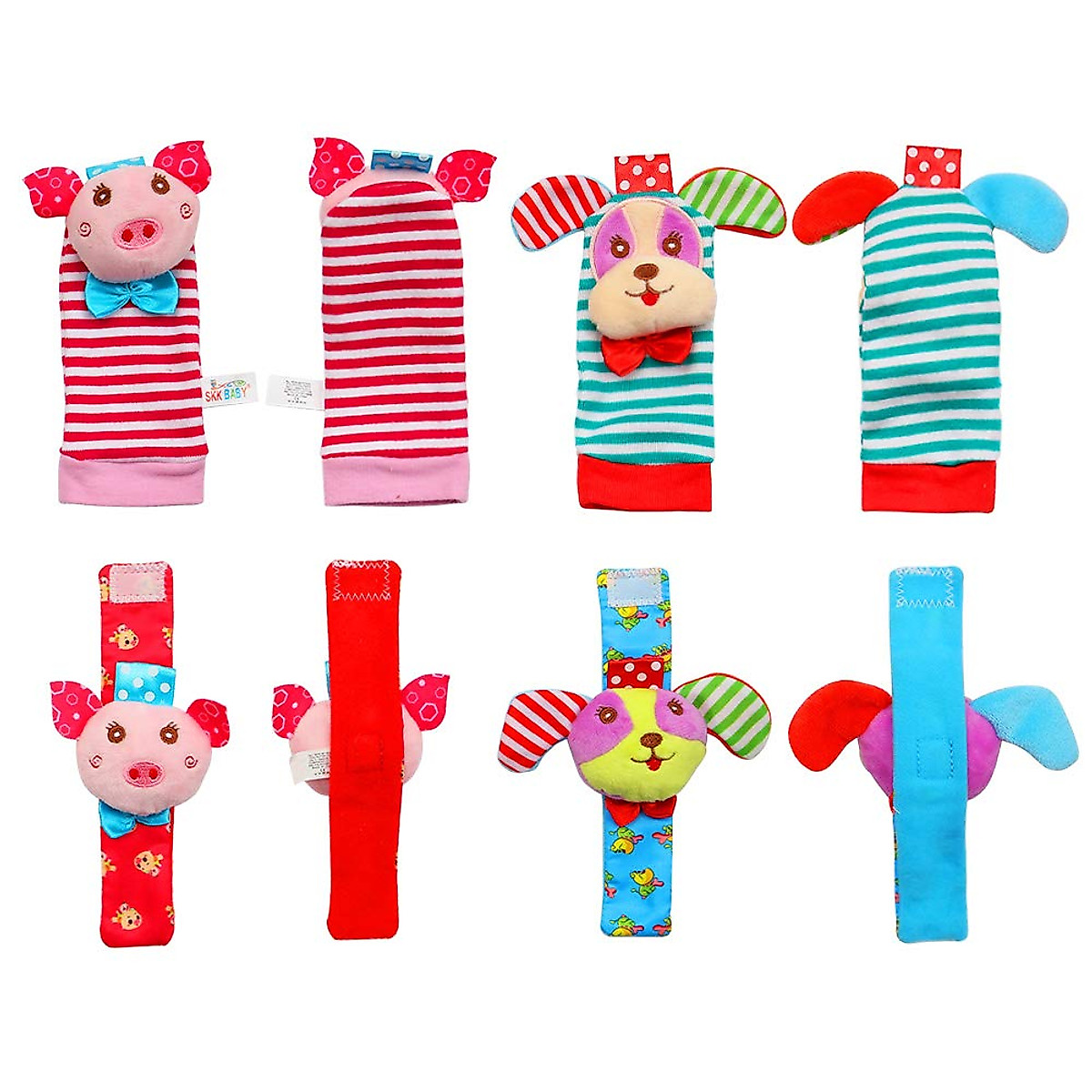 FunsLane 8 Packs Kids Rattle, Kids Wrist Rattles and Foot Finder Socks Set, Educational Development Soft Animal Toy Shower Gift with Monkey, Elephant, Puppy and Piggy
