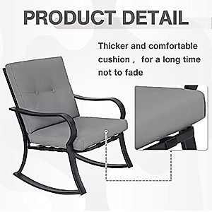 Omelaza 3 Pieces Outdoor Rocking Bistro Set, Patio Steel Furniture, Porch Chairs Conversation Set with Thickened Cushion and Glass Top Coffee Table (Grey)