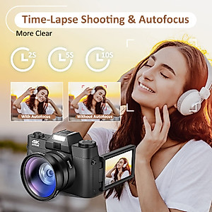 4K Digital Camera for Photography Autofocus Anti-Shake 48MP Vlogging Camera with 64GB Micro Card, 3'' 180° Flip Screen 16X Digital Zoom Travel Camera with Wide-Angle Lens & Macro Lens, 2 Batteries