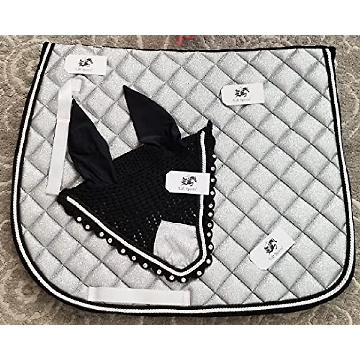 Glittery Shine Horse English Saddle Pad Set with Matching Fly Bonnet Set Ear Net Fly Veil (Rose Gold)