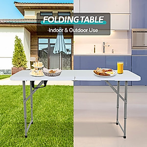 Dkeli Folding Table 4 Foot Portable Picnic Table Plastic Adjustable Height Heavy Duty for Indoor Outdoor Camping, Picnic and Party, Fold in Half with Handle and Steel Legs, White