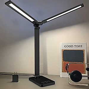 DioFgt Double Head LED Desk Lamp,Dual Swing-arm Table Lamp for Home Office,5 Color Modes and 5 Dimmable,Modern Eye-Caring Piano Lamp with 30/60 min Auto Timer,Touch Control, USB Charging Port