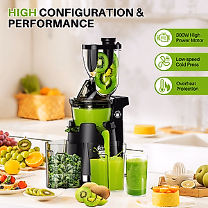 Cold Press Juicer Machines, 300W Slow Masticating Juicer Machines with 3.5inch (89mm) Large Feed Chute, Slow Cold Press Juicer Machines Vegetable and Fruit, Reverse Function Easy to Clean with Brush