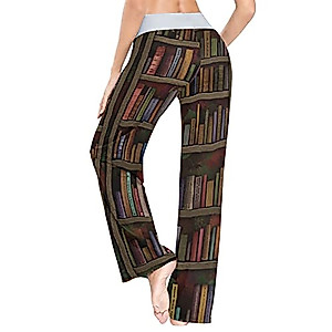 Aeoiba Women's Pajamas Comfy Pajama Lounge Pants Vintage Library Bookshelf Bookcase Book Drawstring Wide Leg Palazzo Pants, Large