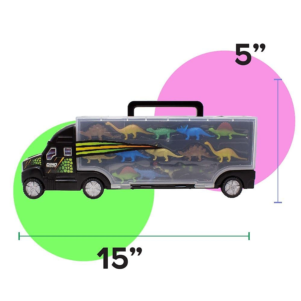 Boley 14 Piece 16" Dinosaur Transport Truck Carrier - Miniature Dino Figures with Semi Truck Trailer Toy - Loadable Miniature Dinosaurs with Portable Truck and Collapsible, Easy-to-Hold Handle