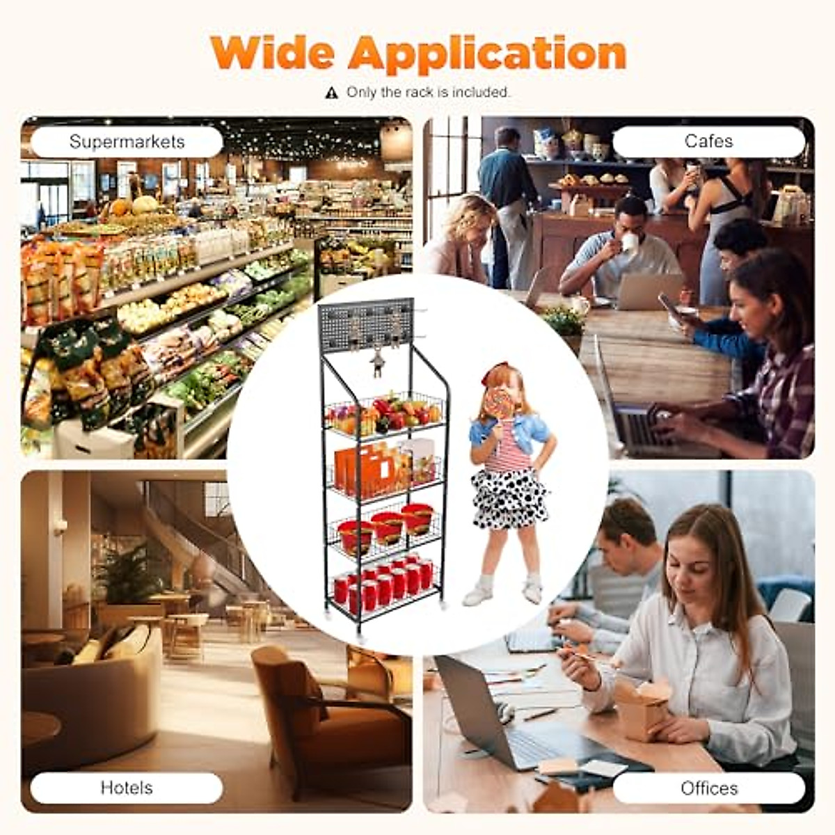 4-Tier Display Snack Rack,22.1lbs Load Metal Storage Shelf with Wheels & Hooks,10.2In Adjustable Tier Spacing Freestanding Snack Shelf Organizer for Pantry Kitchen Home Theater