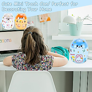 IBEQUEM Mini Trash Can, Cute Small Trash Can with Lid, Desktop Paper Bin with 5 Rolls of Bin Liners, Portable Tabletop Dustbin, Cartoon Animal Rubbish Storage for Kitchen (White)