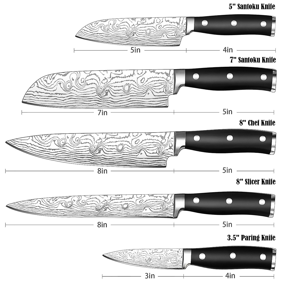 Kitchen Knife Sets, High Carbon Stainless Steel Knife Set with Wood Case, 5-Piece Chef Knives with Ergonomic Triple Riveted Handle, Rust-proof For Home and Restaurant Use, Easy to clean