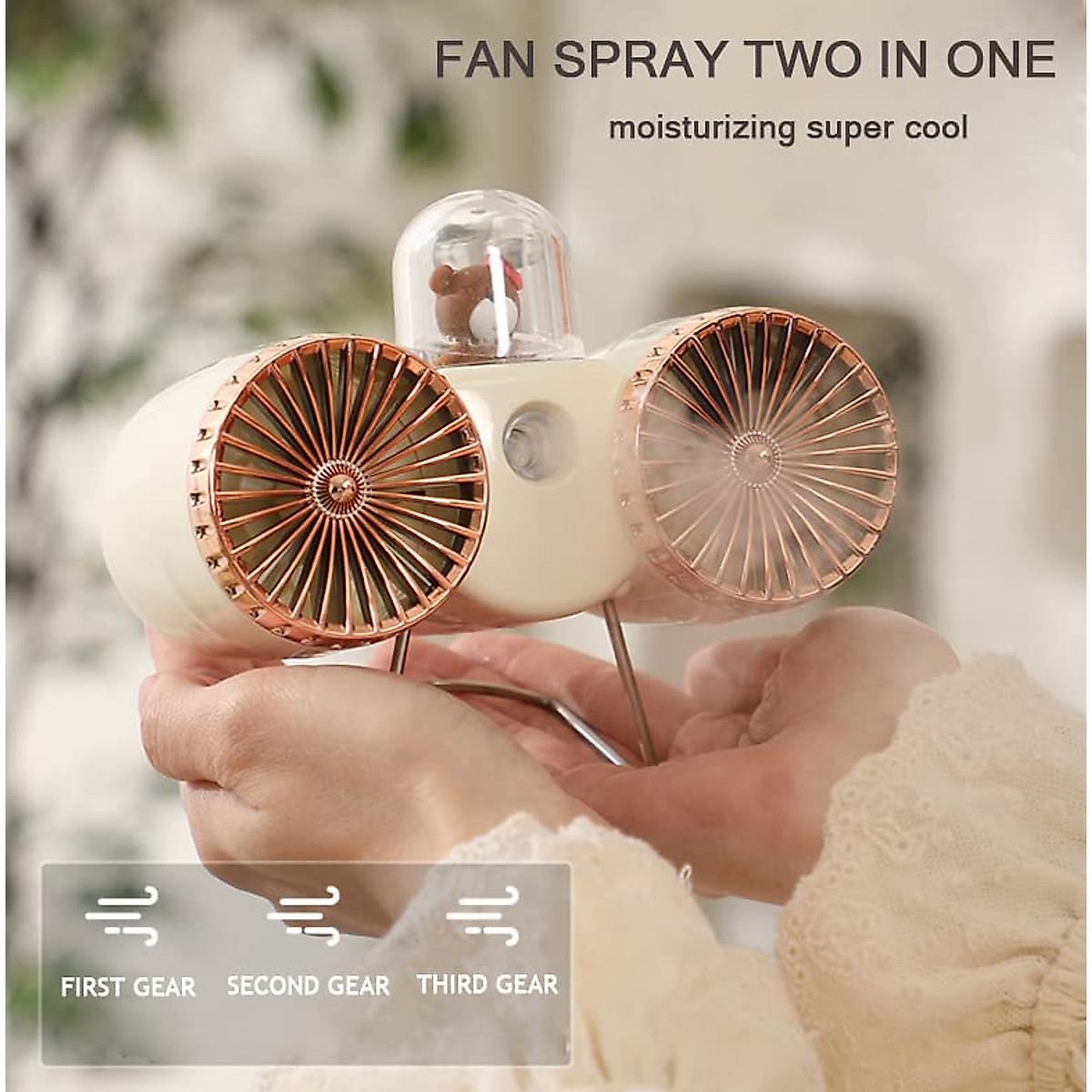 Mini Portable Fan, Dual Head with 3 Speeds Strong Wind, Personal USB Air Conditioner Humidifier Mini Cooling Fan 7 Colorful Nightlight for Home Travel,Office,and Camping, Outdoor(Beige)