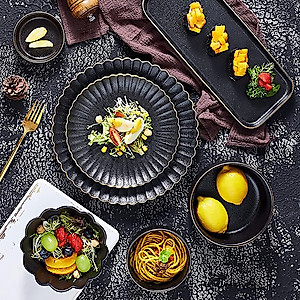 GagalU Party DinnerwareKitchen Tableware Set,Ceramic Dinnerware Set, 15 Pcs Matte Black Retro Plates and Bowls Set- Irregular Edge Dinner Sets, Service for 4