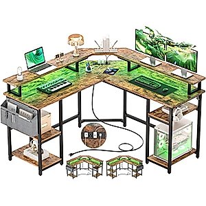 Aheaplus L Shaped Gaming Desk with Power Outlets & LED Lights, Corner Computer Desk with Monitor Stand and Storage Shelf, Home Office Writing Desk with Storage Bag, Rustic Brown