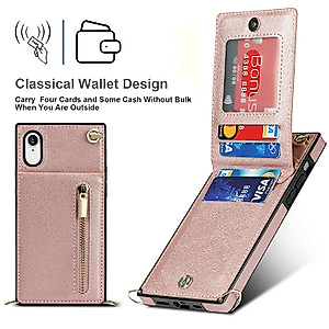 Jaorty Crossbody Phone Case for iPhone XR Case with Card Holder for Women,iPhone XR Case Wallet with Strap Lanyard for Men,PU Leather Magnetic Clasp with Kickstand 6.1", Rosegold