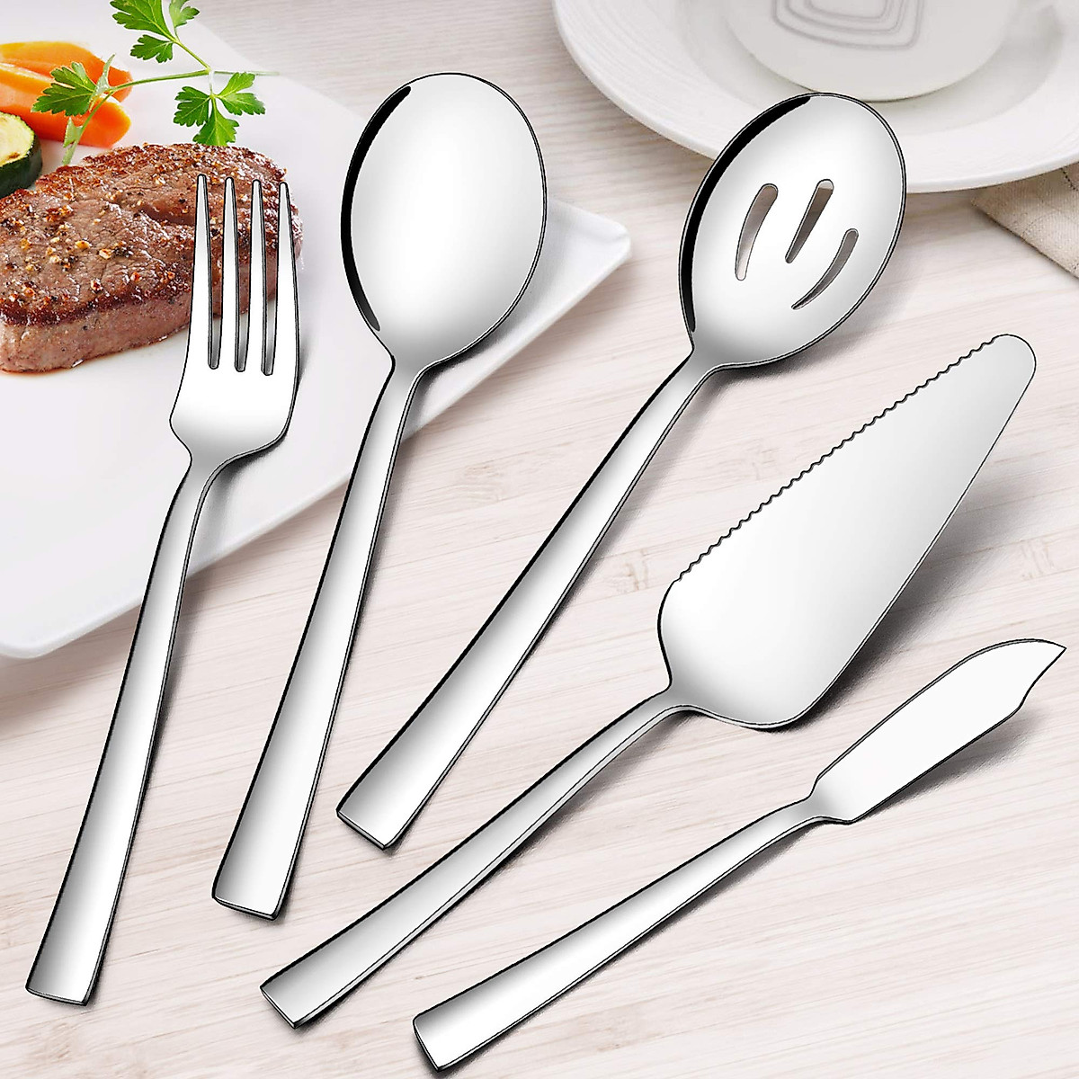 Homikit 5-Piece Silverware Serving Utensils Set, Stainless Steel Square Flatware Hostess Set Include Pie Server Serving Spoons Butter Knife Serving Fork, Dishwasher Safe, Mirror Polished