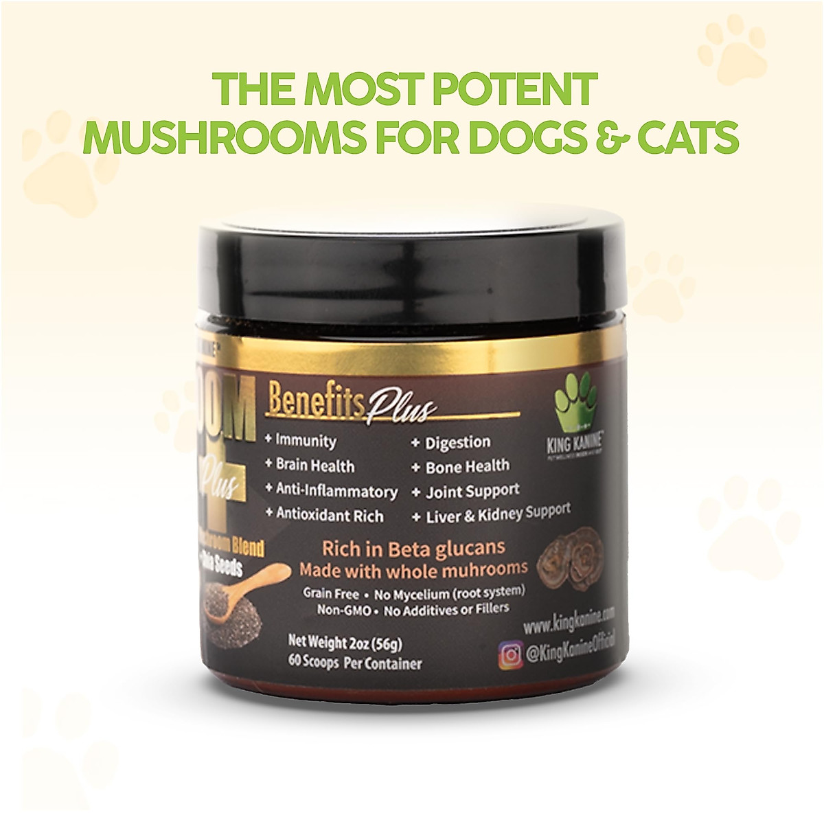 King Kanine Mushroom Plus, Protein & Joints 6 oz | Organic Powder to Improve Optimal Health & Pets Wellness | Supplement for Dogs & Cats Care Made with Fiber & Vitamins | Veterinarian Approved