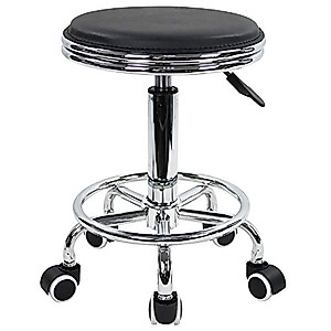 KKTONER Round Rolling Stool with Foot Rest PU Leather Height Adjustment Modern Industrial Metal Style Swivel Spa Salon Tattoo Work Massage Stools Small (Black)