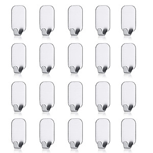 mxtechnic Self Adhesive Hook Stick on Wall 304 Stainless Steel Polished Hanging Clothes Coat Hat Hooks and Strong Heavy Duty Metal Super Power Hooks Storage Organizer (20 Pack) (Hooks-20)