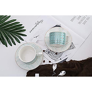 Jusalpha Porcelain Tea Set-Service of 4- Modern Elegant Mint Green Tea Cup and Saucer Set-Coffee Cup Set with Saucer and Spoon,TCS15 (4) (Blue)