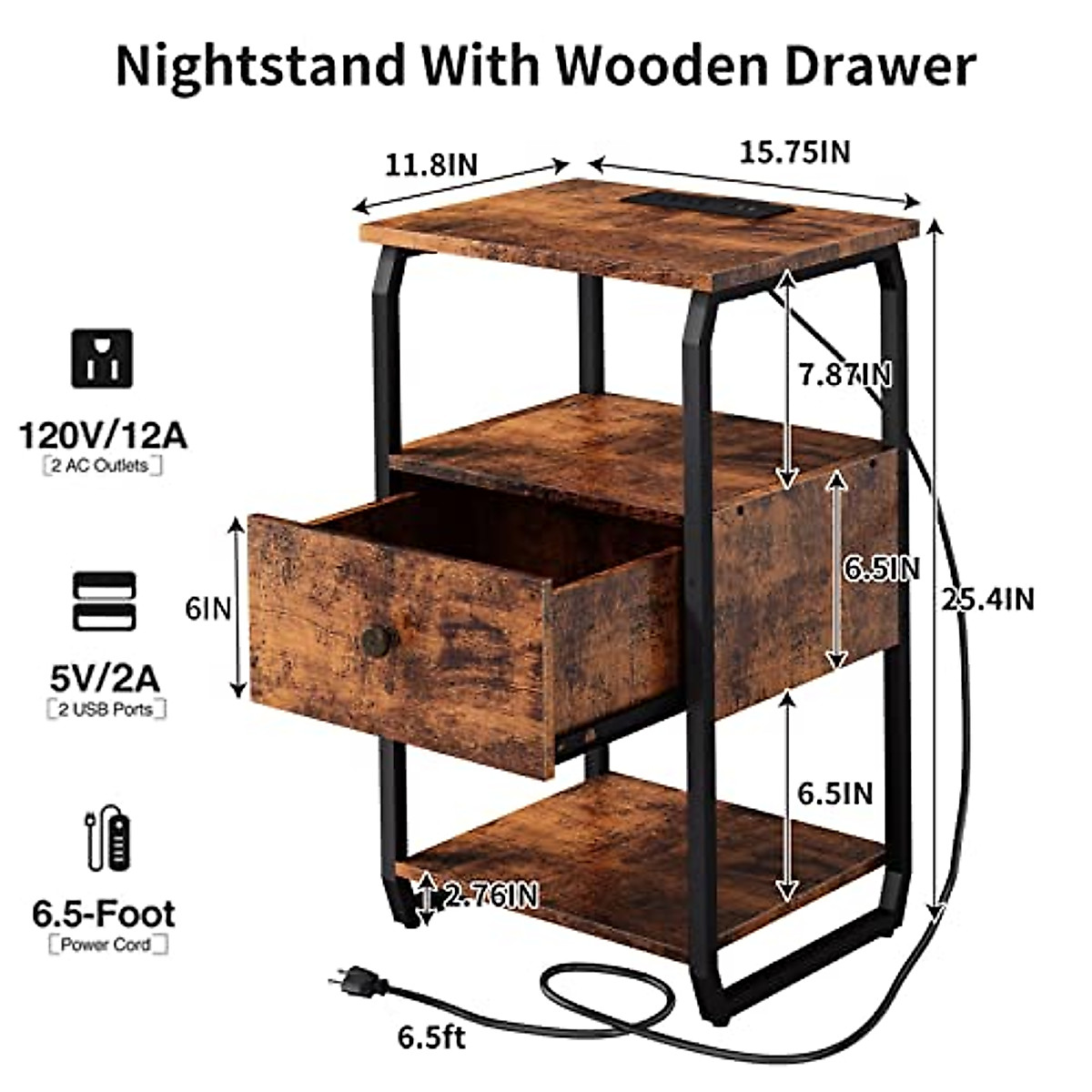 KHLJJU Nightstand with Charging Station, Bedside Tables with USB Ports and Outlets, Side Table with Drawer for Small Spaces, Vintage End Table for Bedroom, Living Room