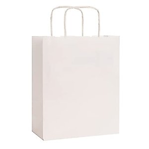 50 Pack - Premium Quality - Trendy Kraft Paper Bags With Handles | Bulk Small White Paper Gift Bags, Perfect Kraft Bag, Party Bag or Shopping Bag (5" x 3" x 8", White)