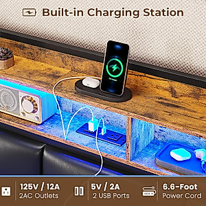 MSmask Upholstered King Headboard with Charging Station and LED Light, Black PU Tufted King Size Headboard Only with 2 Tiers Storage Shelves, Height Adjustable Bed Headboard, Rustic Brown