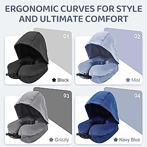 Flywish Travel Neck Pillow with Hood - Adult Travel Must Haves Airplane Hoodie Pillow, Premium Quality Memory Foam, Fit for Office, Car Ride, Sleeping. Kit with Earplugs, Luxury Bag(Mist, M)