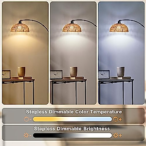 Rattan Floor Lamp- Arc Floor Lamp Boho with Remote and Stepless Dimmable Bulb, 70" Black Arched Standing Floor Lamp with 360° Adjustable Rattan Lampshade, Farmhouse Over Couch Lamp for Living Room