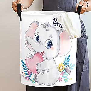 Personalized Cute Elephant Laundry Basket with Name Waterproof Foldable Storage Bin for Bathroom Home Office Cloth