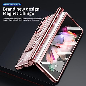 PUROOM for Samsung Galaxy Z Fold 5 Hinge Coverage Protective Case Transparent Plating PC with Pen Holder Kickstand Screen Protector All-Inclusive Case (z fold 5, Rose Gold)