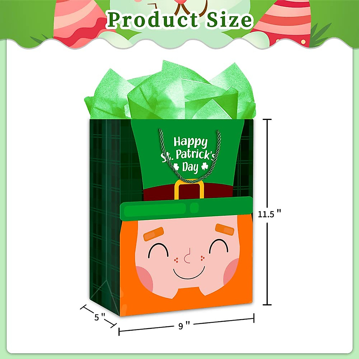 SICOHOME St Patricks Day Gift Bag 11.5"x 9" Green Buffalo Plaid Gift Bags with Tissue Paper, Happy St.Patricks Gift Wrapping Bags for Kids Classroom Party Favor Supplies