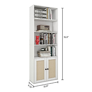 70" Tall Bookcase with Doors, White 5 Tier Large Bookshelf with Cabinet, Standing Wood Display Book Shelf for Living Room, Office, Library with Doors