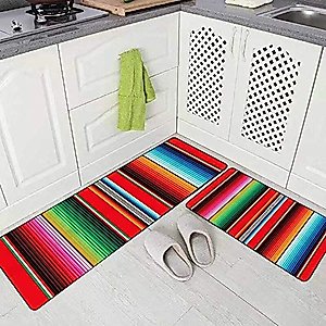 Musesh Soft Kitchen Rugs 2 Pieces,Mexican Rug Pattern Serape Stripes Detail Background with Colors Washable Non-Slip Kitchen Mat Set 17"X48"+17"X24" Rug for Kitchen