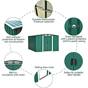 4ever2buy 8x10 Steel Shed, Outdoor Storage, White, UV Resistant, Modern Style, Sliding Doors, Green