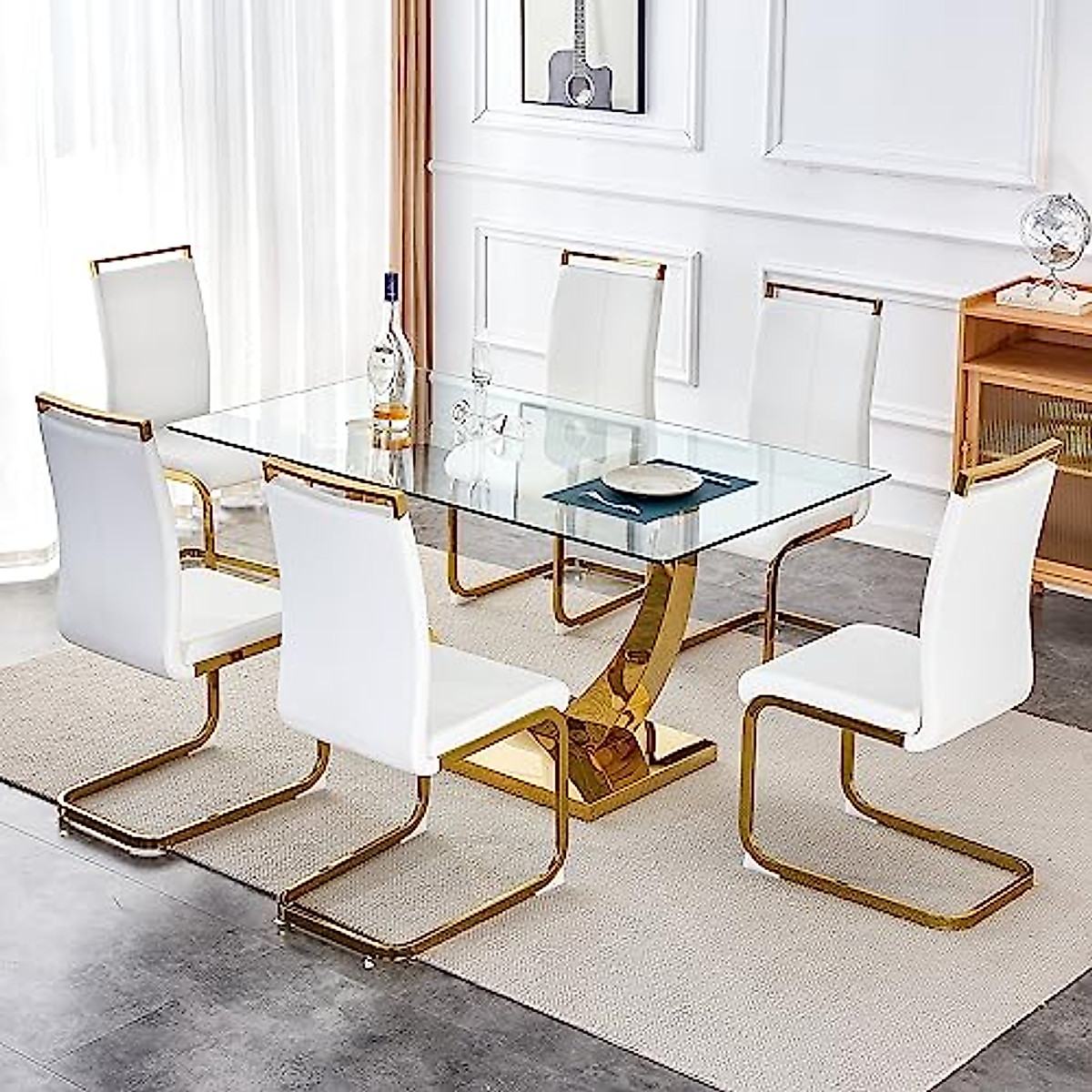 Wlvos 62.8" Rectangular Glass Dining Table for 4-6 with 0.39" Tempered Glass and Golden Chrome Metal Special-Shaped Bracket, for Kitchen Dining Living Meeting Room Banquet Hall (Golden)