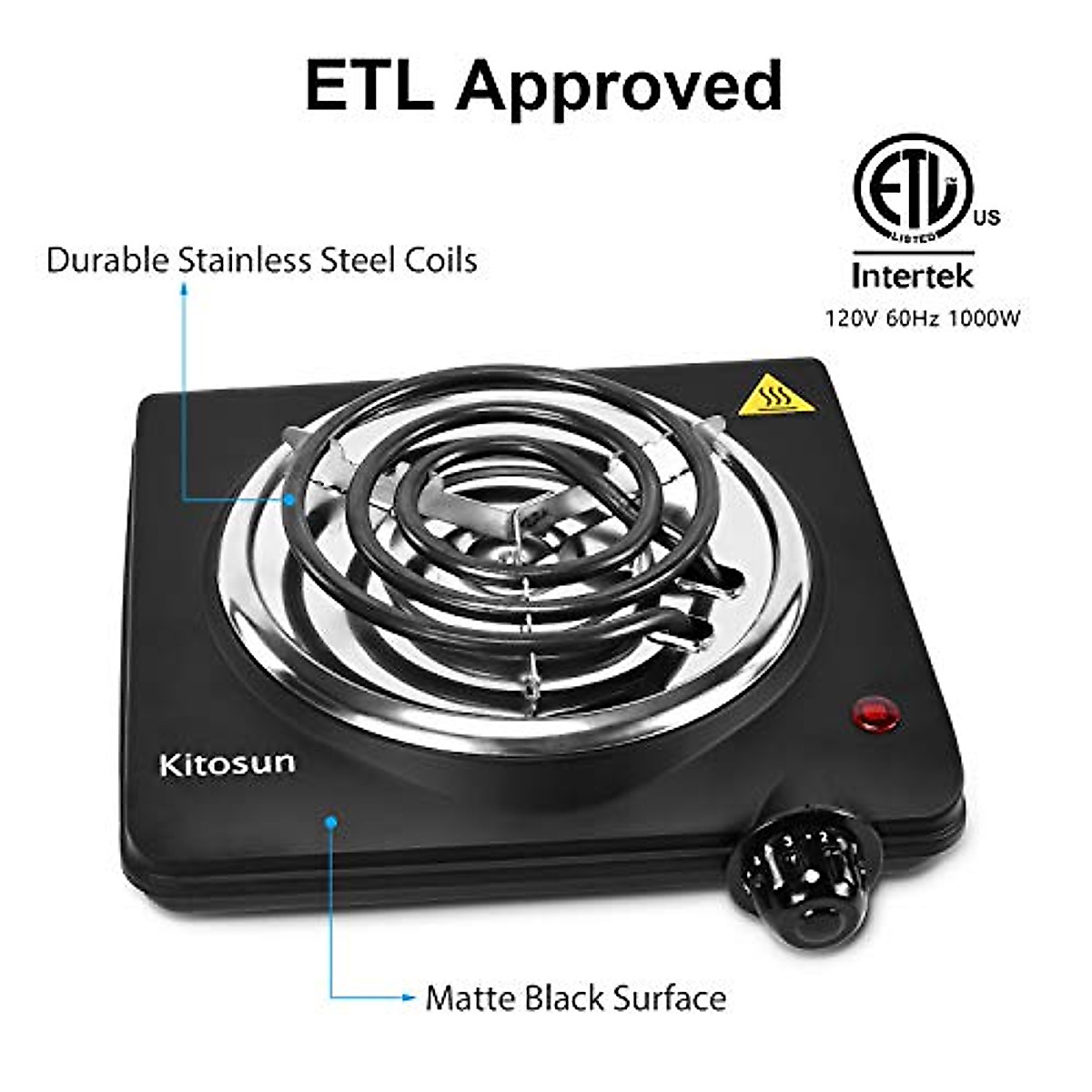 Electric Coals Burner Multipurpose Charcoal Burner ETL Approved Single Hot Plate 1000W Charcoal Starter with Adjustable Temperature Control Stainless Steel Cooktop Countertop for Camping&Cooking