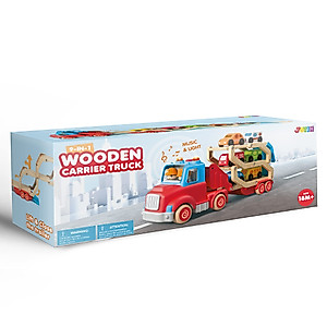 JOYIN Wooden Carrier Truck for Boys - 9 in 1 Foldable Track Carrier Truck Set, 1 Transport Toy Truck with 6 Wooden Cars, 2 Action Figures, 3 Layer Transformable Carriage Set, Toy Cars for Toddlers