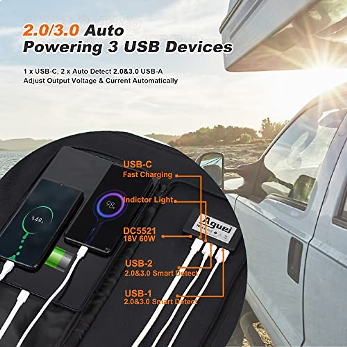 Aguei Upgrade 120W Foldable Solar Panel Monocrystalline for Portable Power Station Solar Generator Solar Charger 12V Battery with Auto 2.0/3.0 USB, for Outdoor RV Camper Off Grid Solar Power Backup