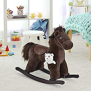 Qaba Kids Plush Ride-On Rocking Horse with Bear Toy, Children Chair with Soft Plush Toy & Fun Realistic Sounds, Brown