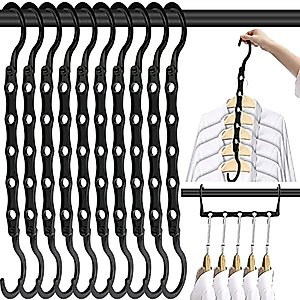 Space Saving Hangers, 10PCS Magic Hangers, 5 Holes Sturdy Plastic Clothes Closet Organizers and Storage, Space Saver Organization, College Dorm Room Essentials (Black)