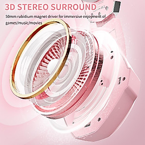 Ozeino Gaming Headset for PS4, PS5, PC, Xbox One Controller, Noise Cancelling Over Ear Headphones with Mic, LED Light, Bass Surround, Soft Memory Earmuffs -Pink