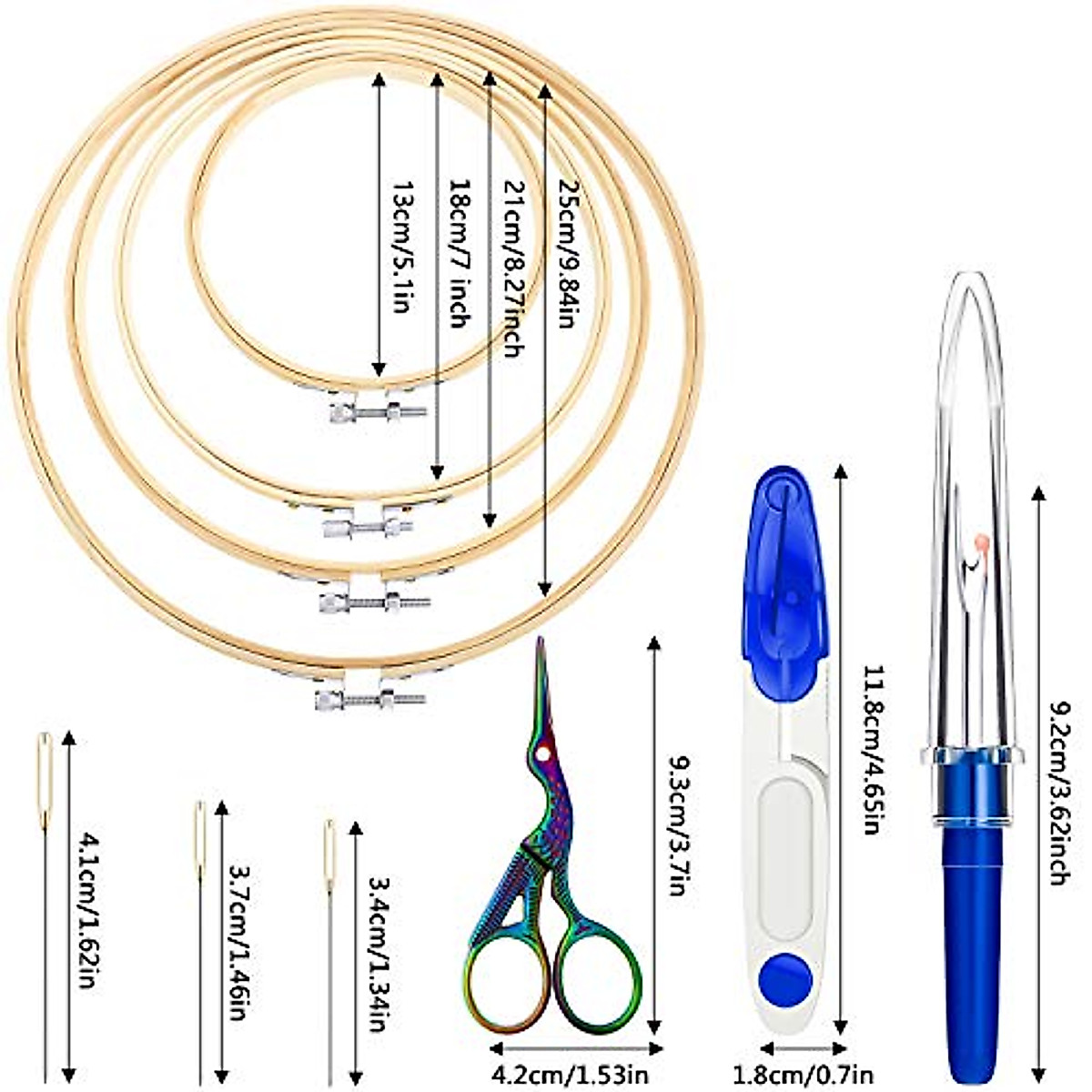 53 Pieces Cross Stitch Tool Embroidery Starter Kit, Includes Bamboo Circle Cross Stitch Hoop Ring, Vintage Sewing Scissors, Needle-Threading Tools, Thimbles, Floss Bobbins, Seam Ripper and Embroidery
