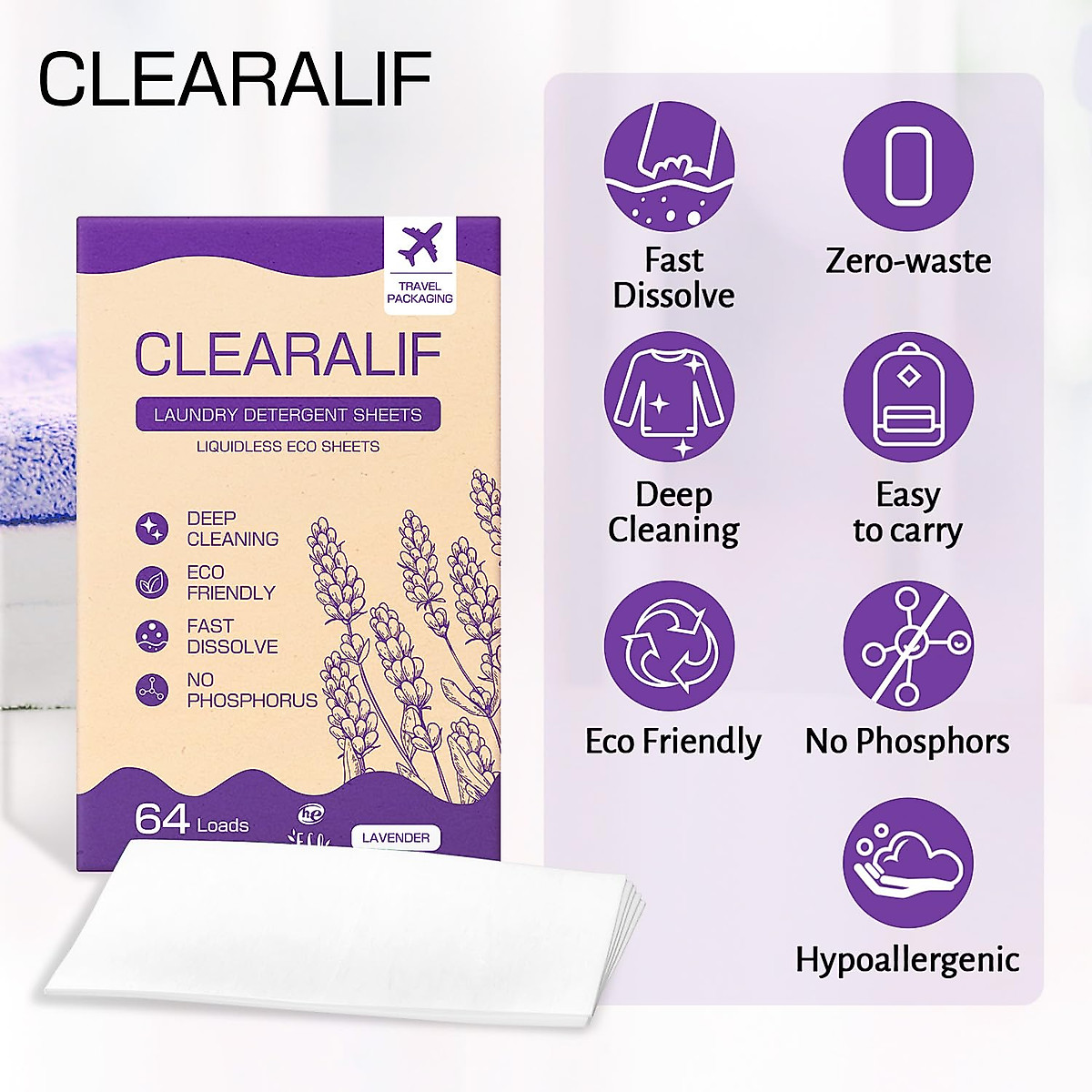 CLEARALIF Laundry Detergent Sheets, Lavender, 64 Load, CLEARALIF Laundry Detergent Strips Eco Friendly & Hypoallergenic