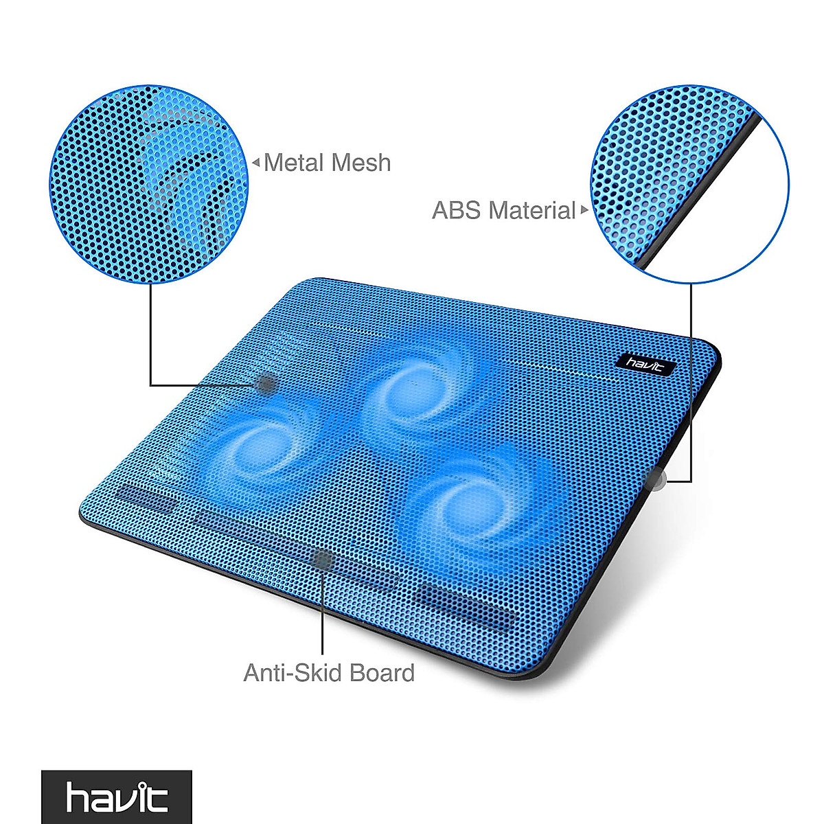 Havit HV-F2056 15.6-17 Inch Laptop Cooler Cooling Pad - Slim Portable USB Powered (3 Fans) (Blue)